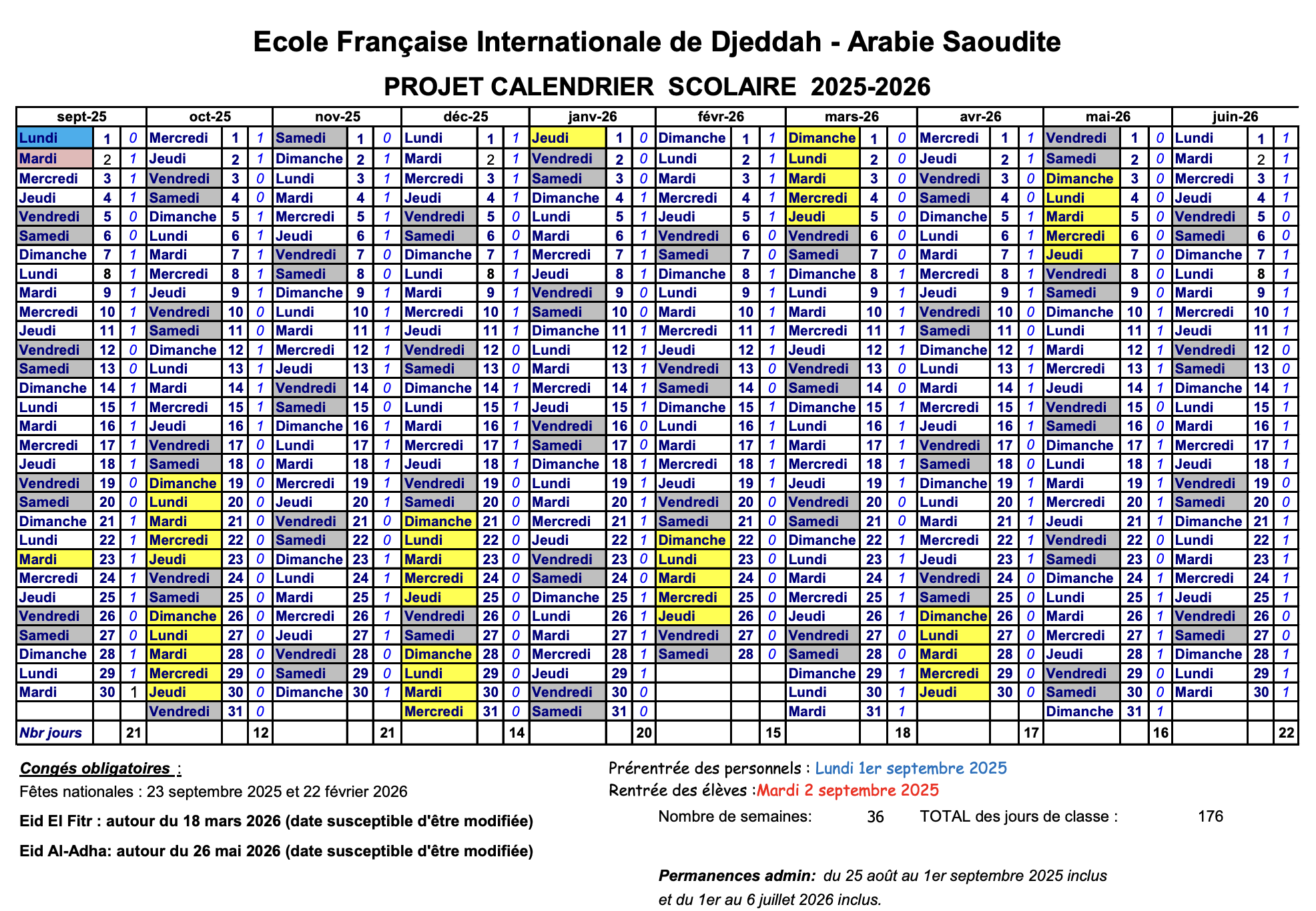 Calendrier scolaire 2025-2026 | ÉCOLE FRANCAISE INTERNATIONALE DE DJEDDAH
